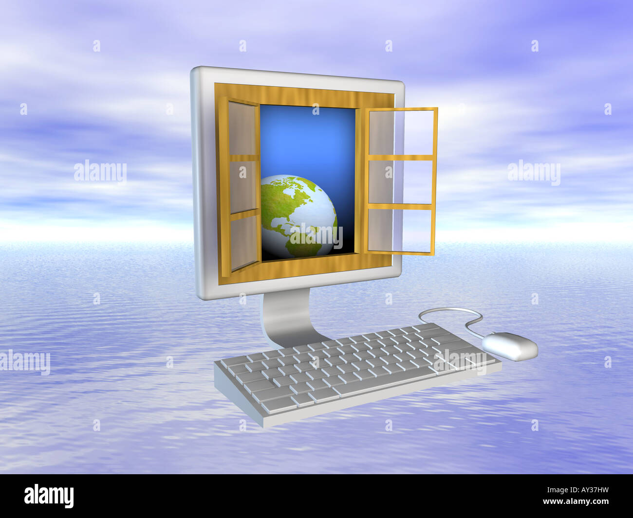 Close-up of planet earth inside an open window of a computer monitor ...