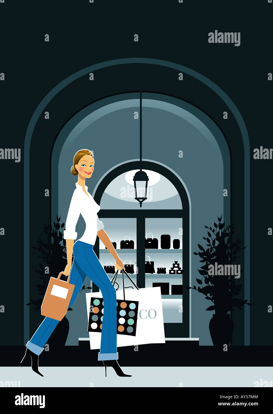 Woman walking on the sidewalk carrying shopping bags Stock Photo - Alamy