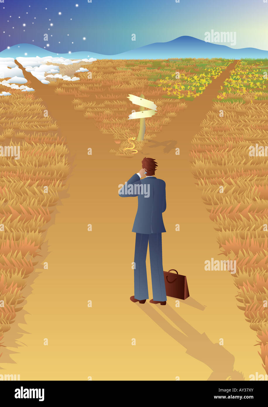 Businessman standing a fork in the road Stock Photo - Alamy