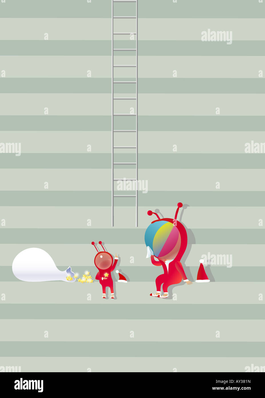 Two aliens wearing santa claus costume taking a short break under a ...