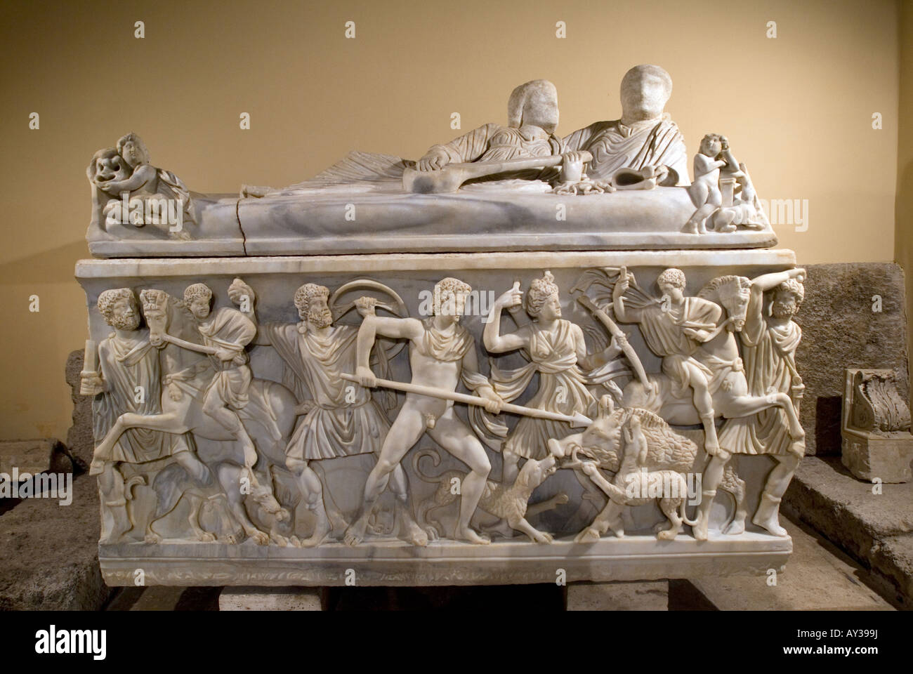 Roman sarcophagus in the museum Capitolini in Rome - Italy Stock Photo ...