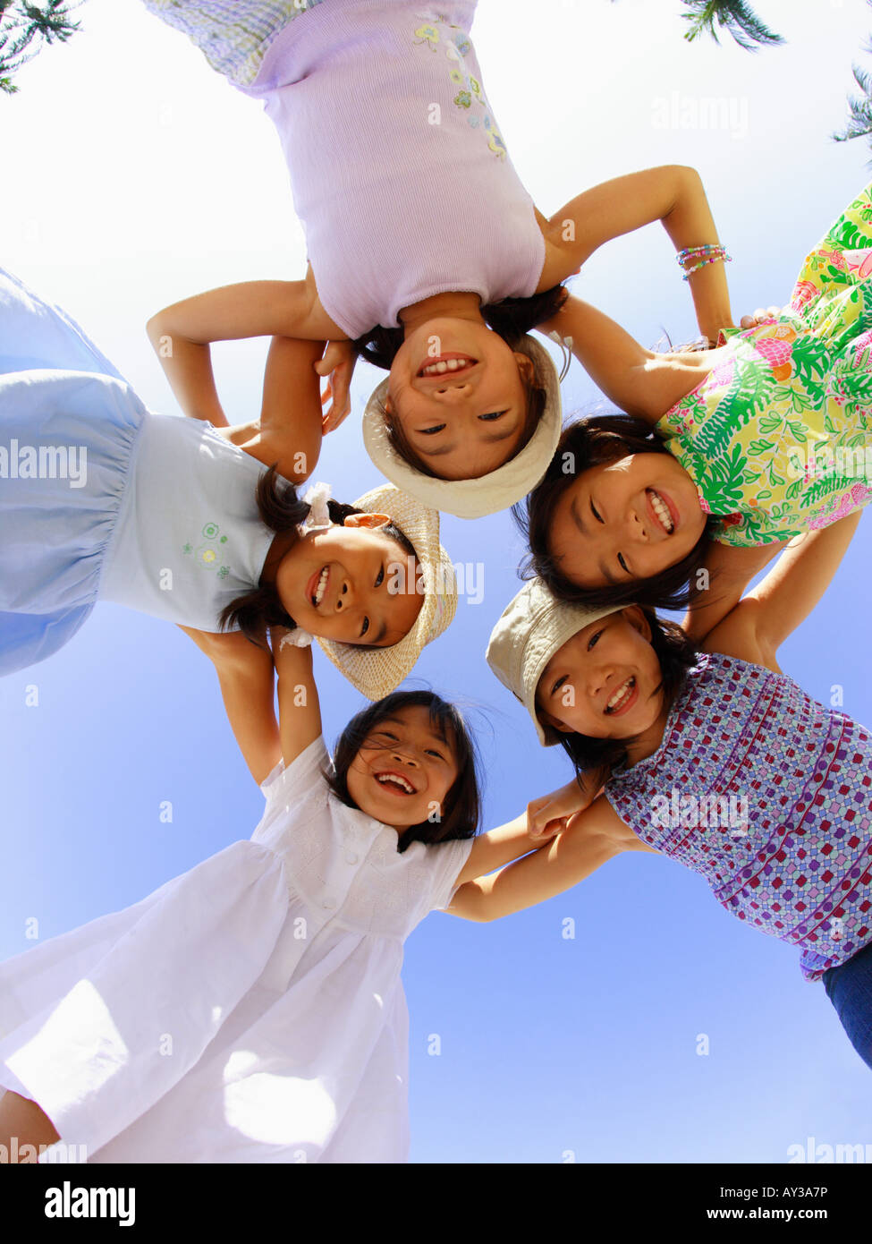 Portrait of five girls standing in a huddle and smiling Stock Photo - Alamy