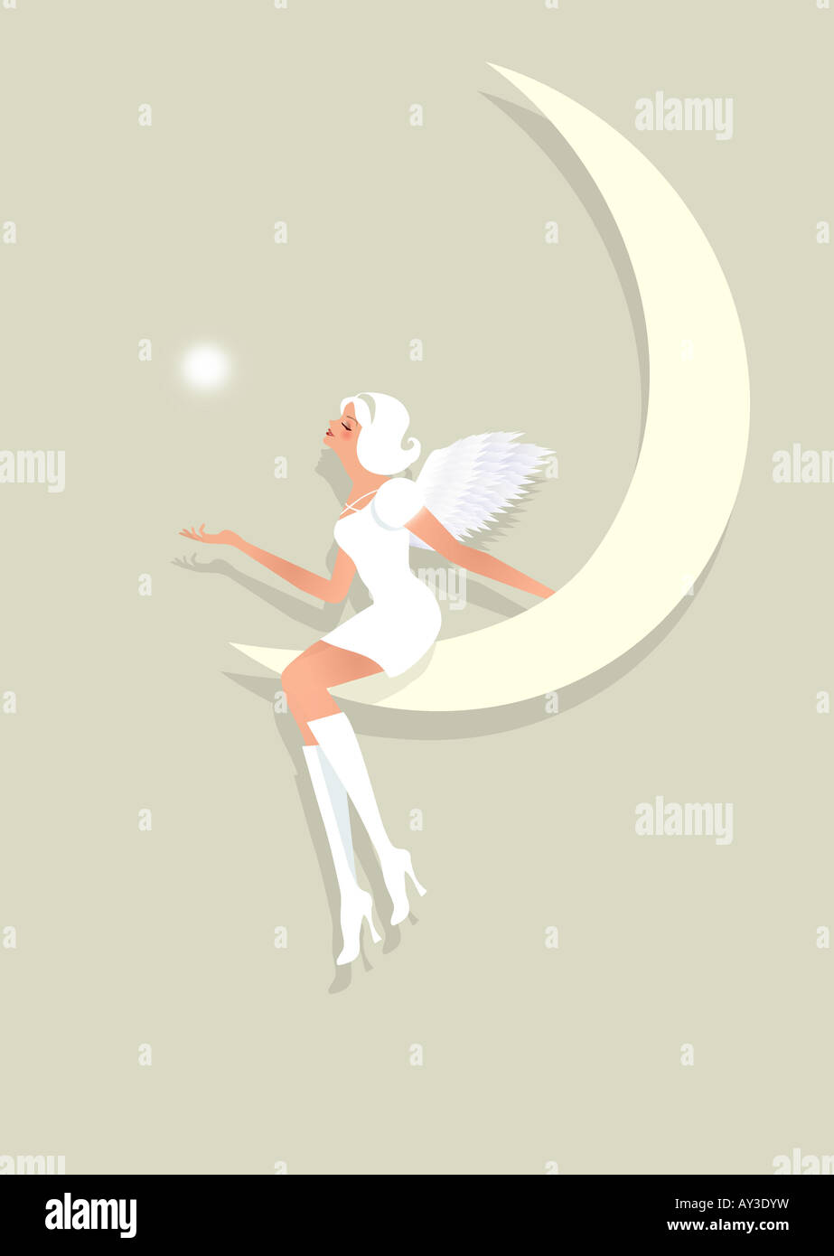 Side profile of an angel sitting on the moon Stock Photo - Alamy