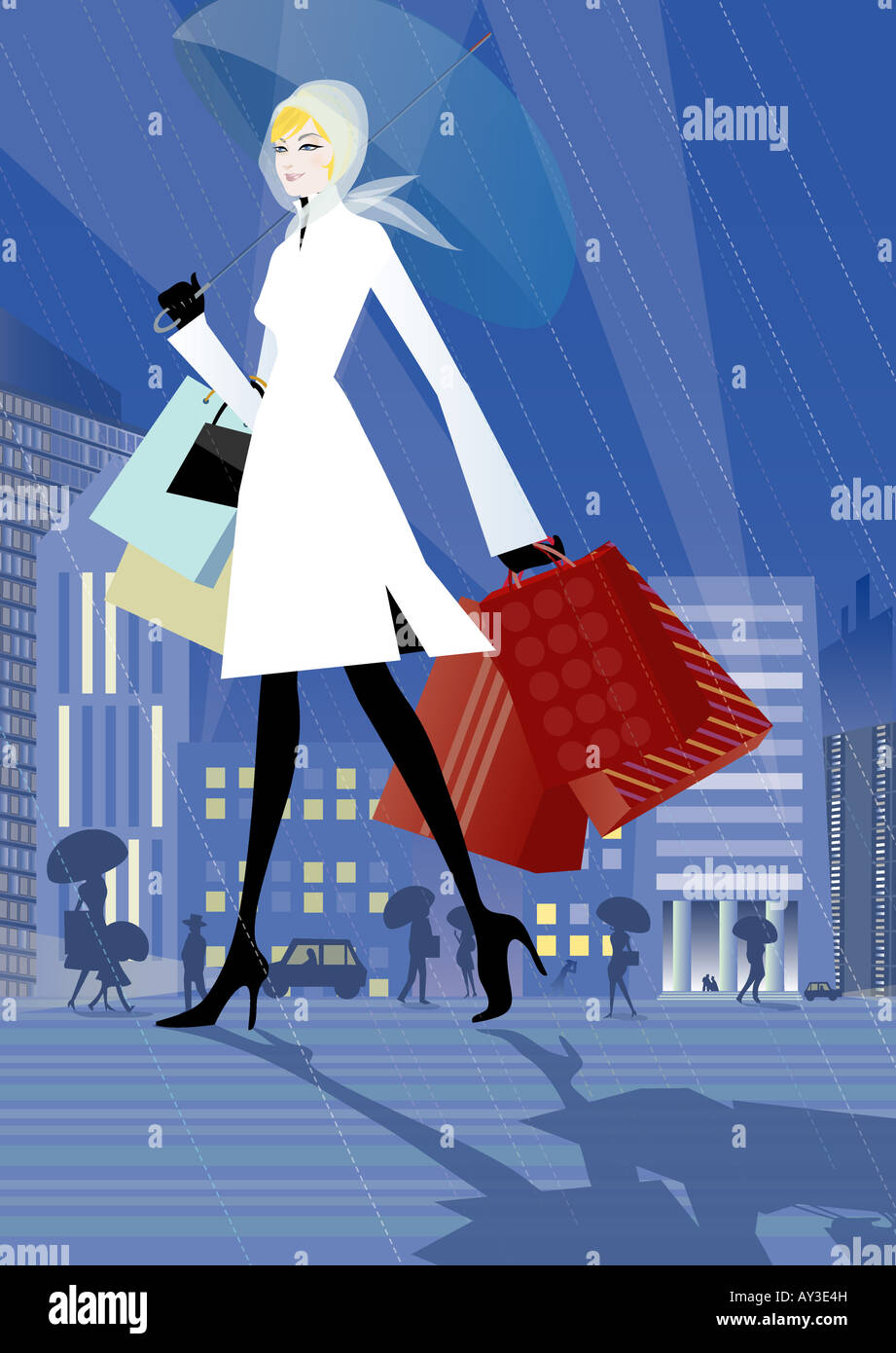 Side profile of a woman carrying shopping bags and walking on the road ...