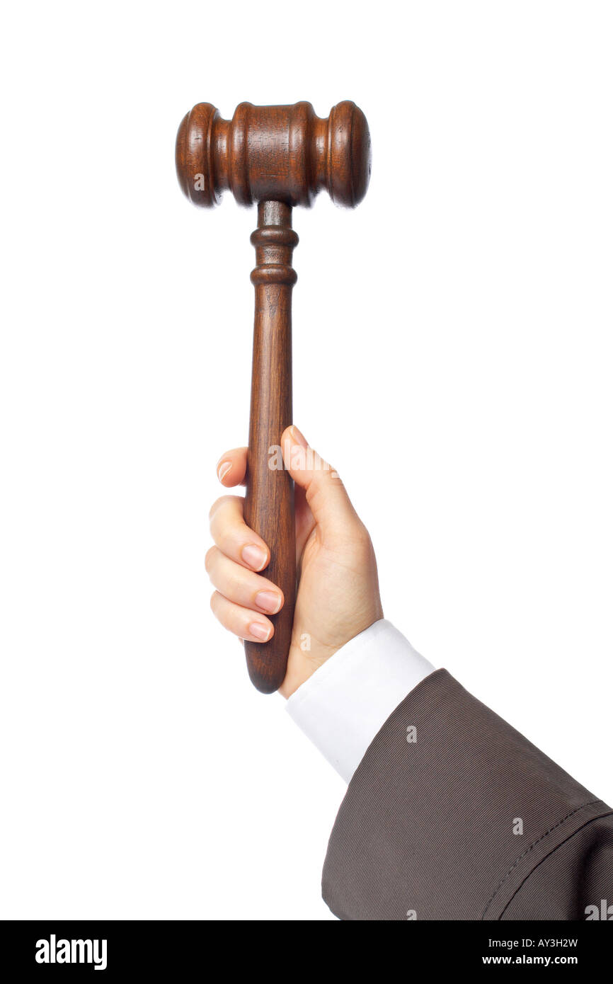 Woman judge holding a wooden gavel isolated on white background Stock ...