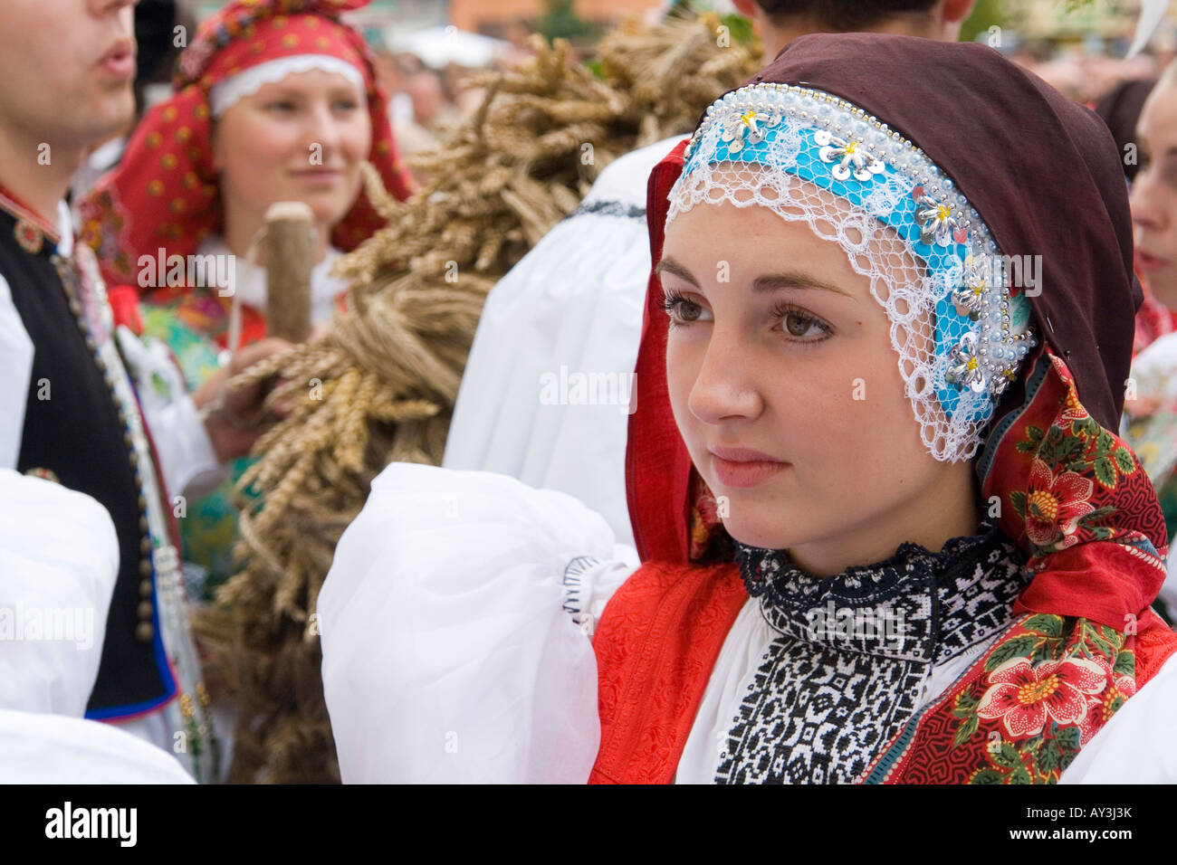 Girl in traditional moravian folk costume in Kyjov, Czech Republic ...