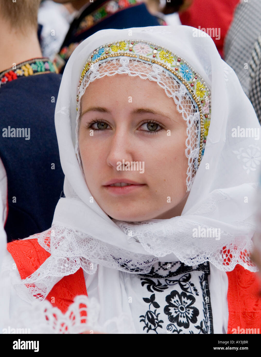 Girl in traditional moravian folk costume in Kyjov, Czech Republic ...