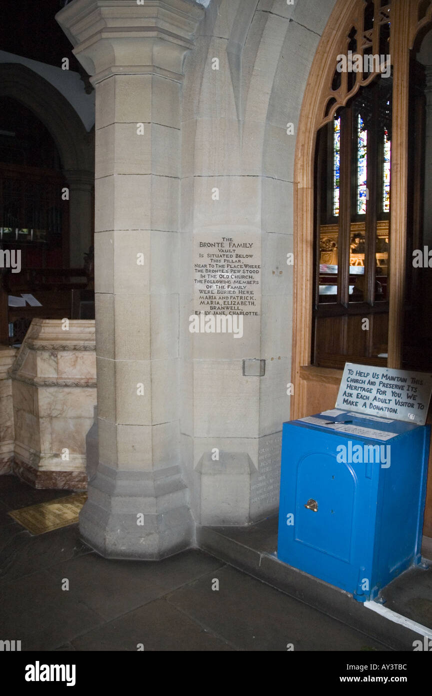 Text in Haworth Church marking the site of the Bronte family vault ...