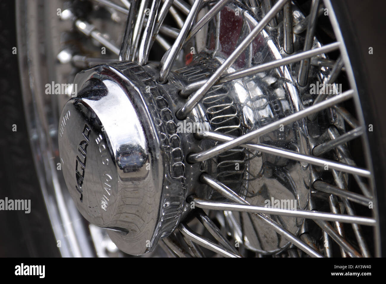 Close-up of a wire wheel and hub for a Jaguar E-type Stock Photo - Alamy