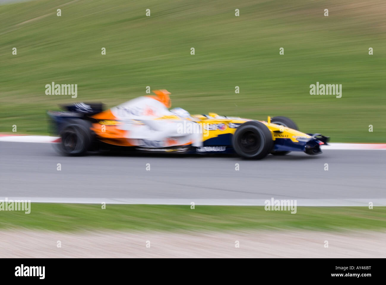 Renault R28 racecar during Formula 1 testing sessions on the Circuit de ...