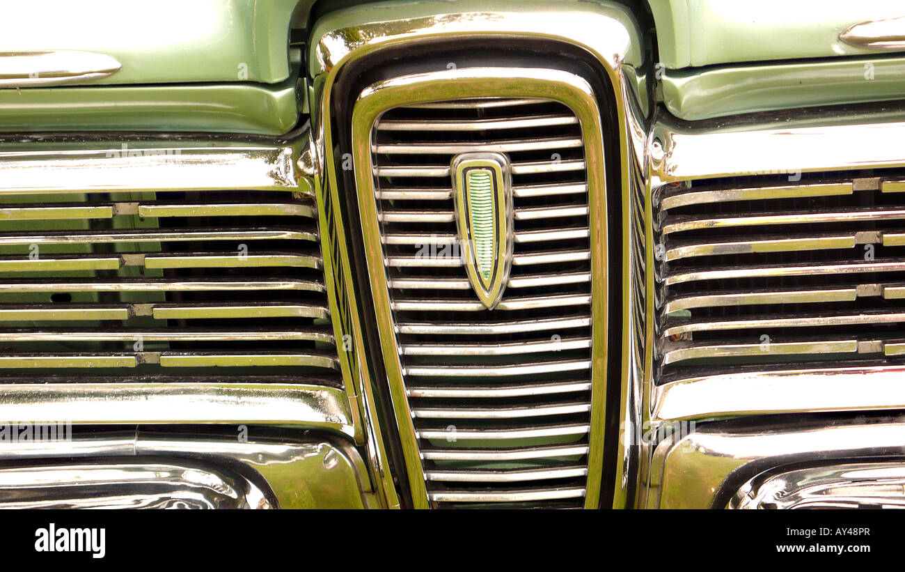 radiator grill of a classic 1960s "edsel"car,collecting a prize at the ...