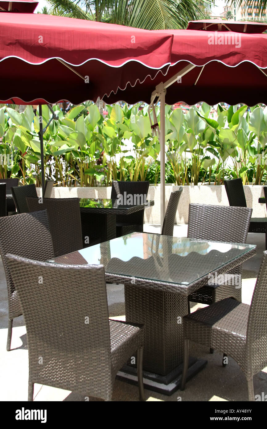 Tropical poolside outdoor cafe with umbrellas Stock Photo - Alamy