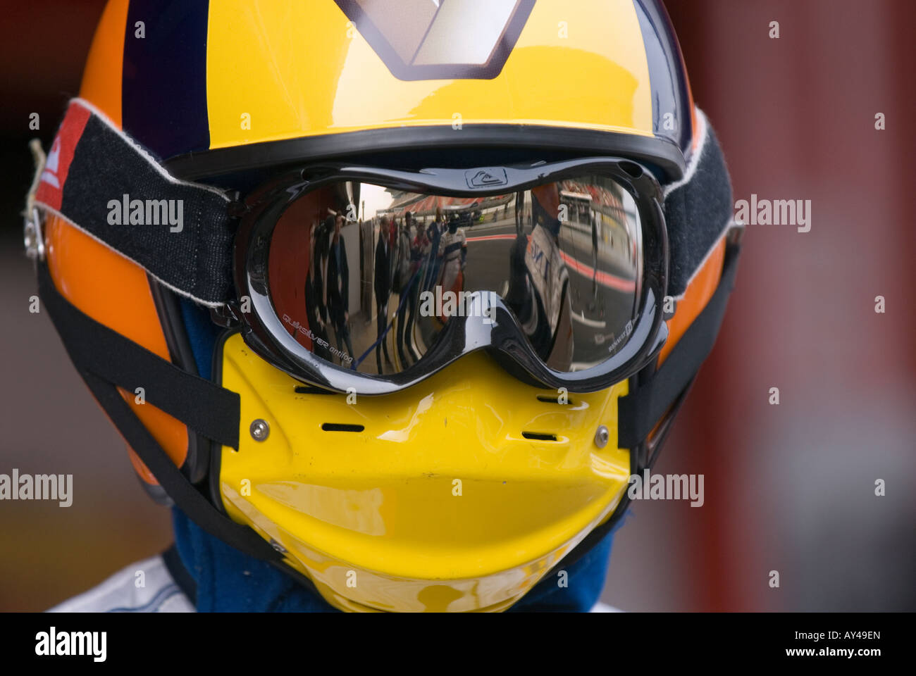 Renault mechanic with helmet and goggles during Formula 1 testing ...
