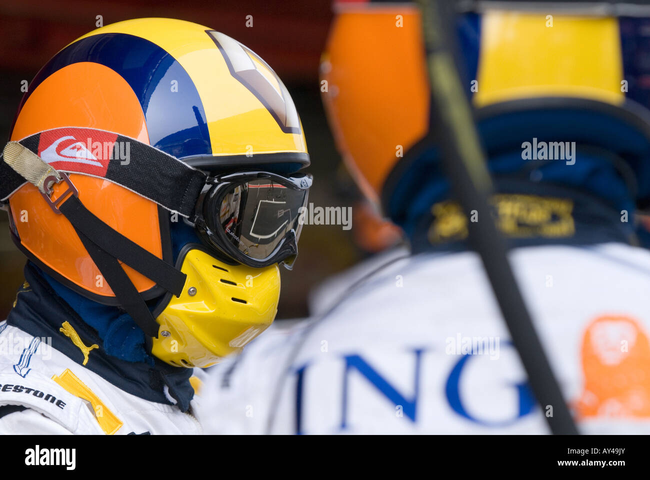 Renault mechanic with helmet and goggles during Formula 1 testing ...