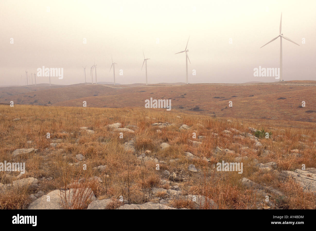Wind turbines in the fog at a wind Farm Stock Photo - Alamy