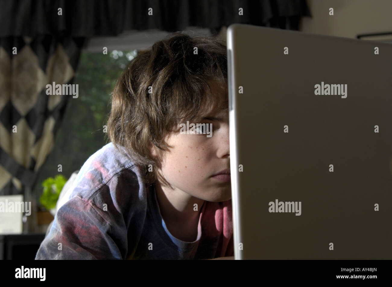 Young boy working on a laptop computer Stock Photo - Alamy