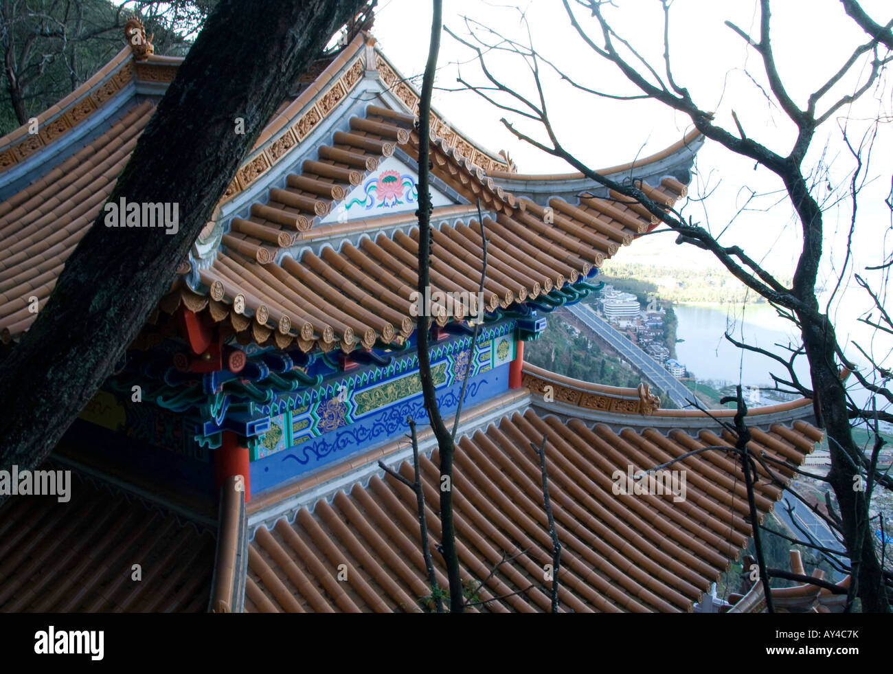 Roof top view of pavilion at Longmen (Dragon Gate) Kunming China Stock ...