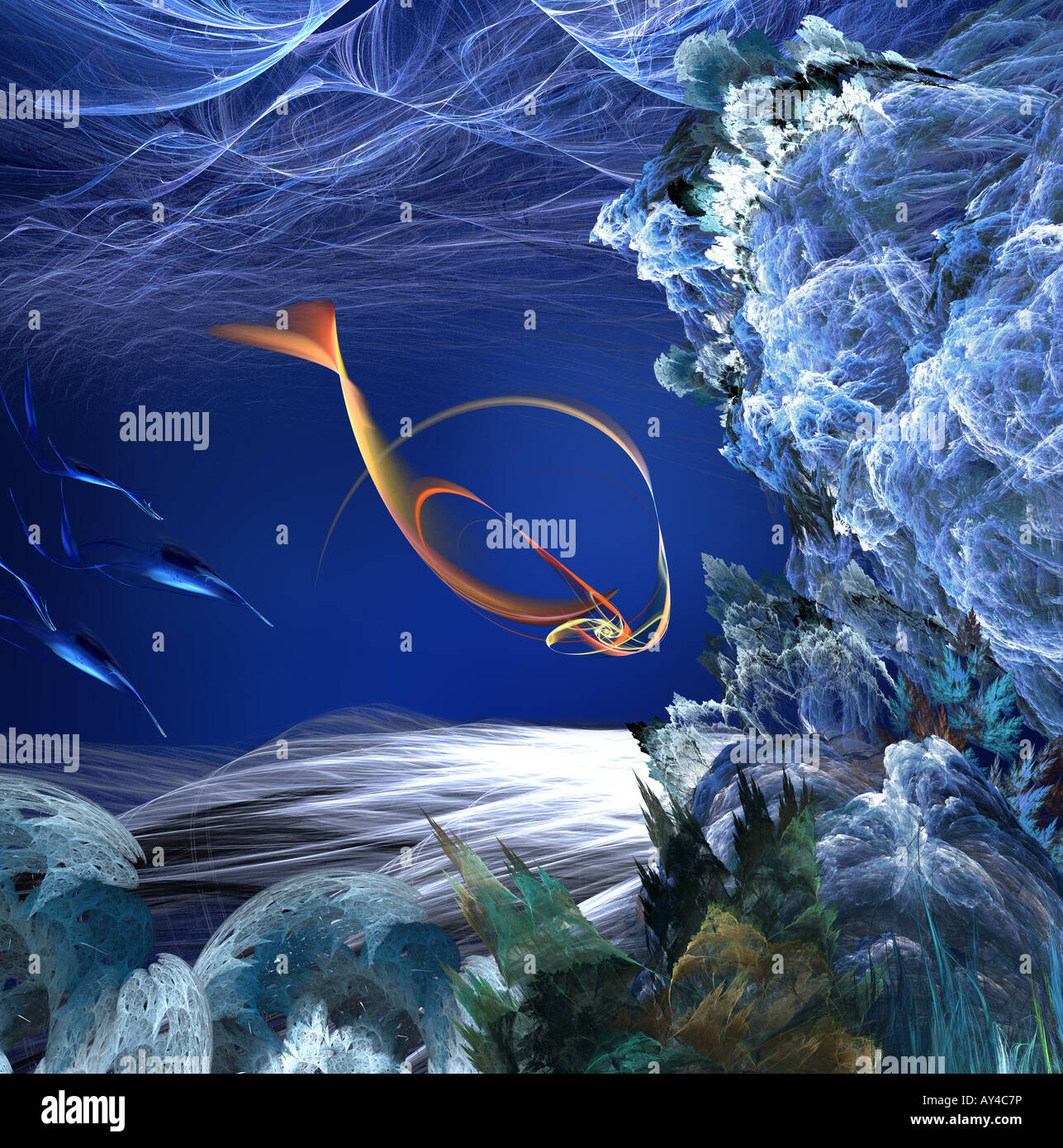 coral reef and a fish swimming around Stock Photo - Alamy