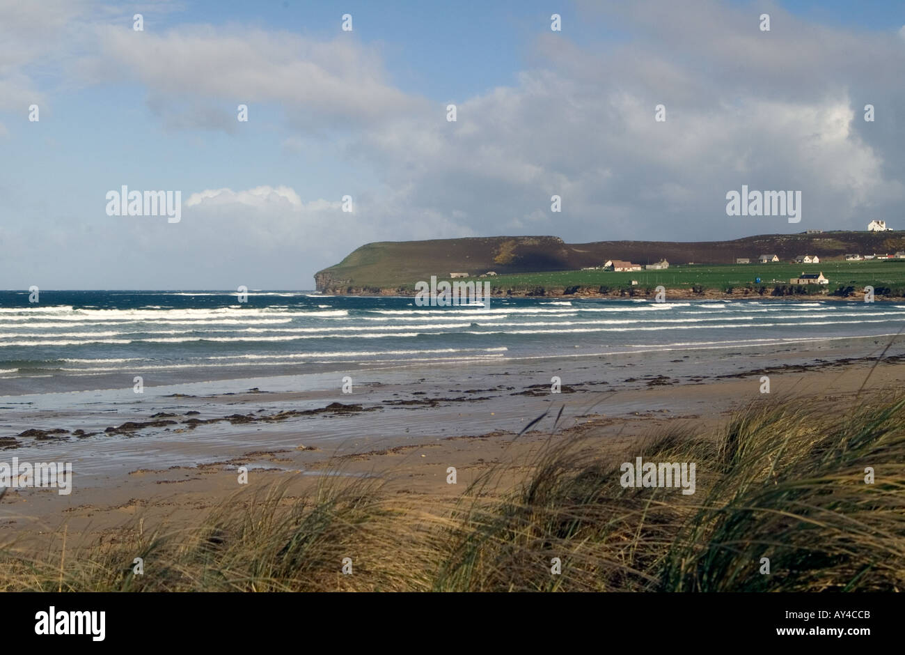 dh DUNNET BAY CAITHNESS Stormy waves breaking on sandy beach sand dunes ...