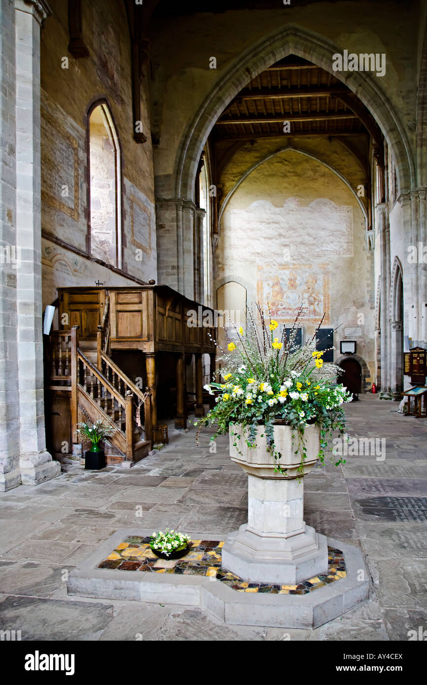 Spring flowers at Easter decorating parish church Dore Abbey Wales UK ...