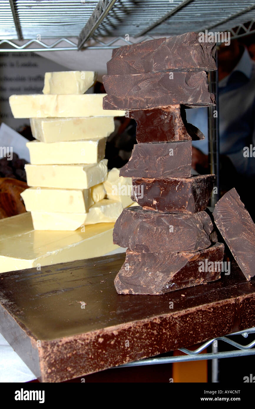 London Borough Market stall massive piles of white and dark chocolate ...