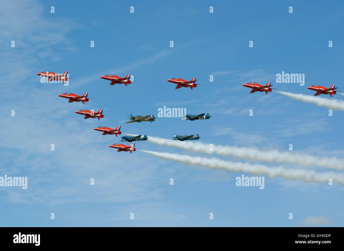 Red Arrows fly with Spitfires and Hurricanes Stock Photo - Alamy