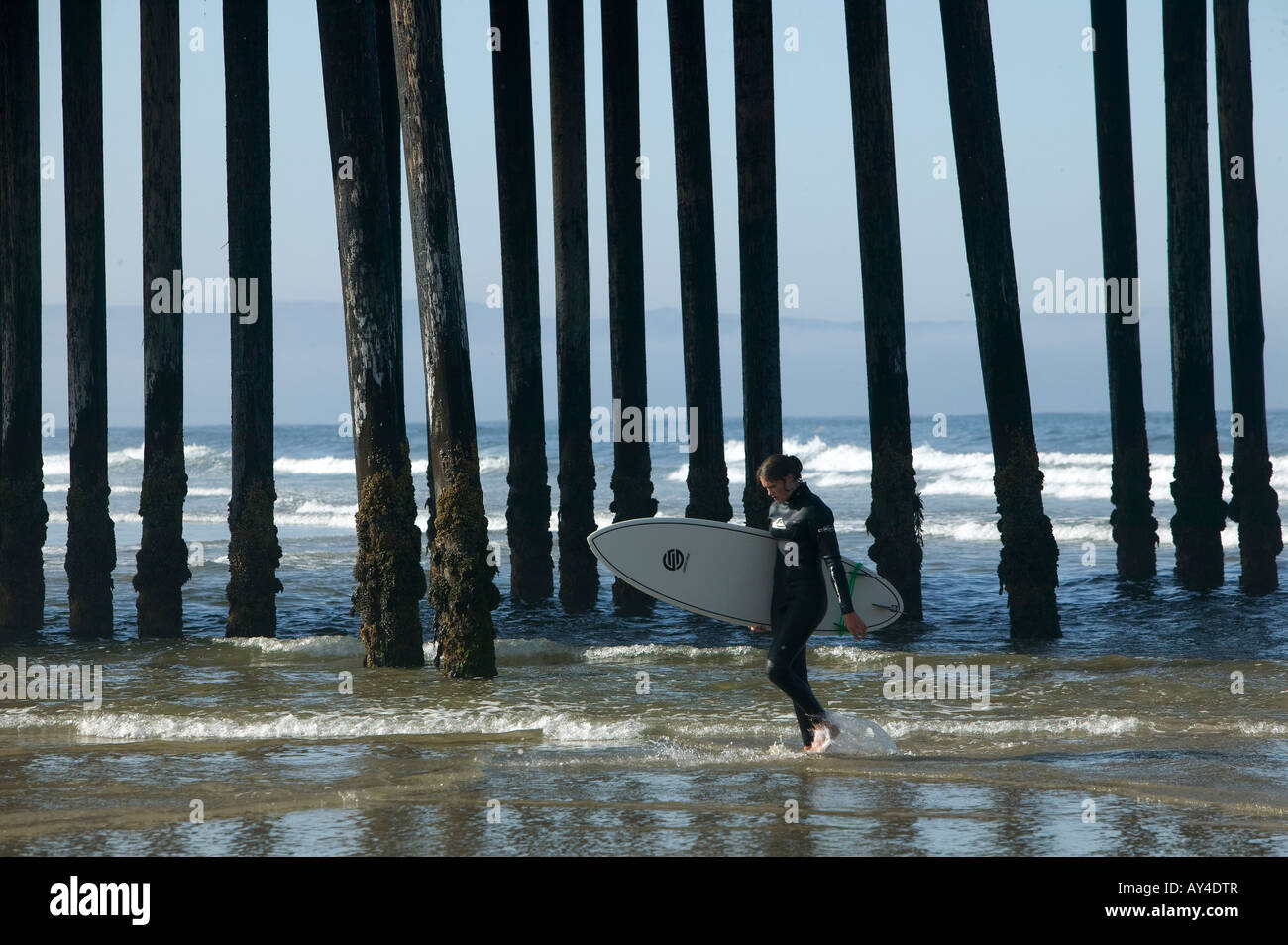 a surfer carries his surfboard beneath the pillars of a pier Stock ...