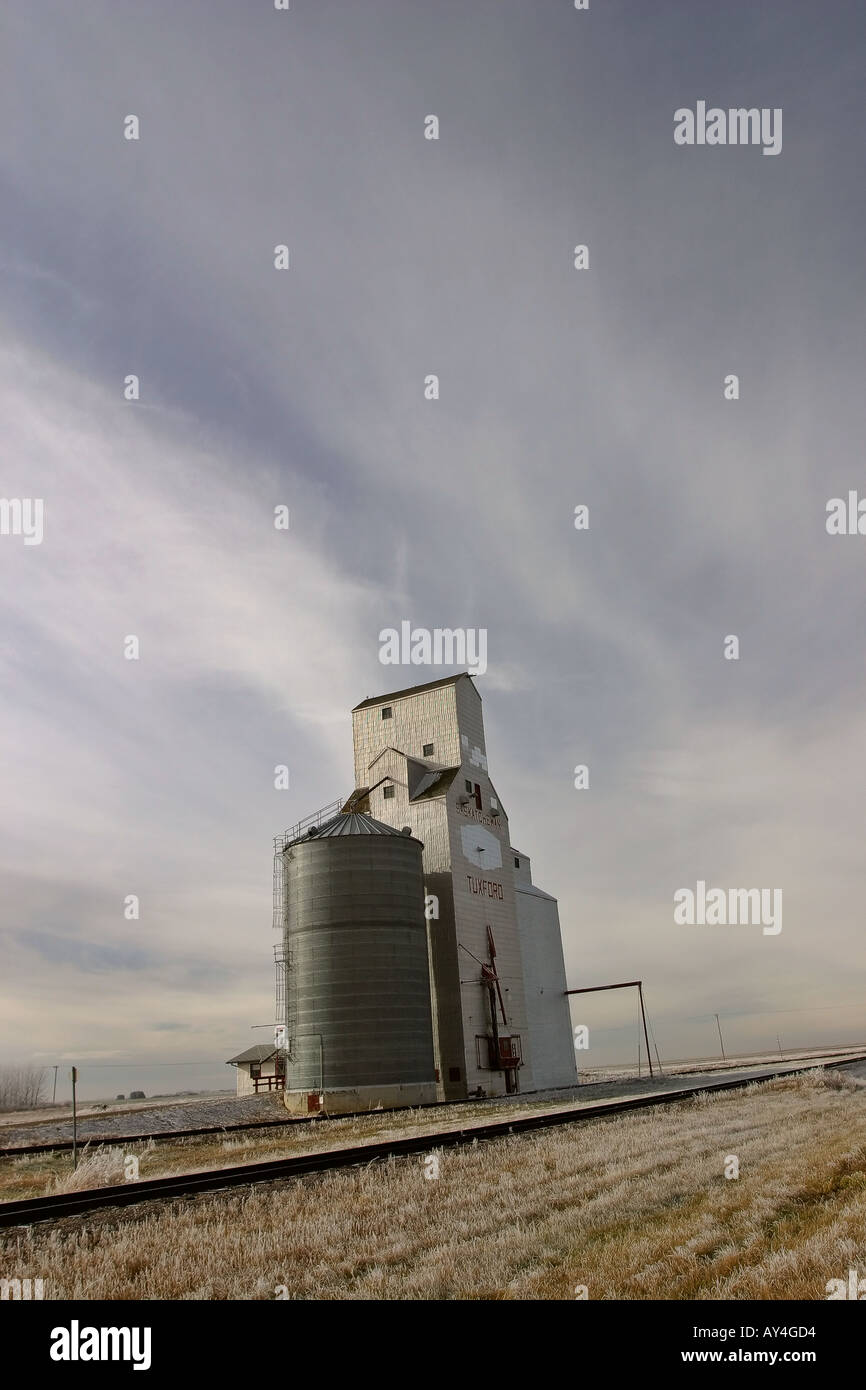 The silver grain elevator at Tuxford in scenic Southern Saskatchewan ...