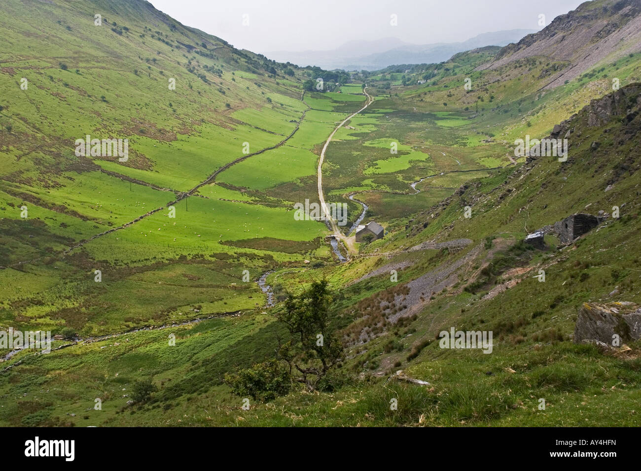 Looking SW down Cwm Croesor valley with turbine house of small scale ...