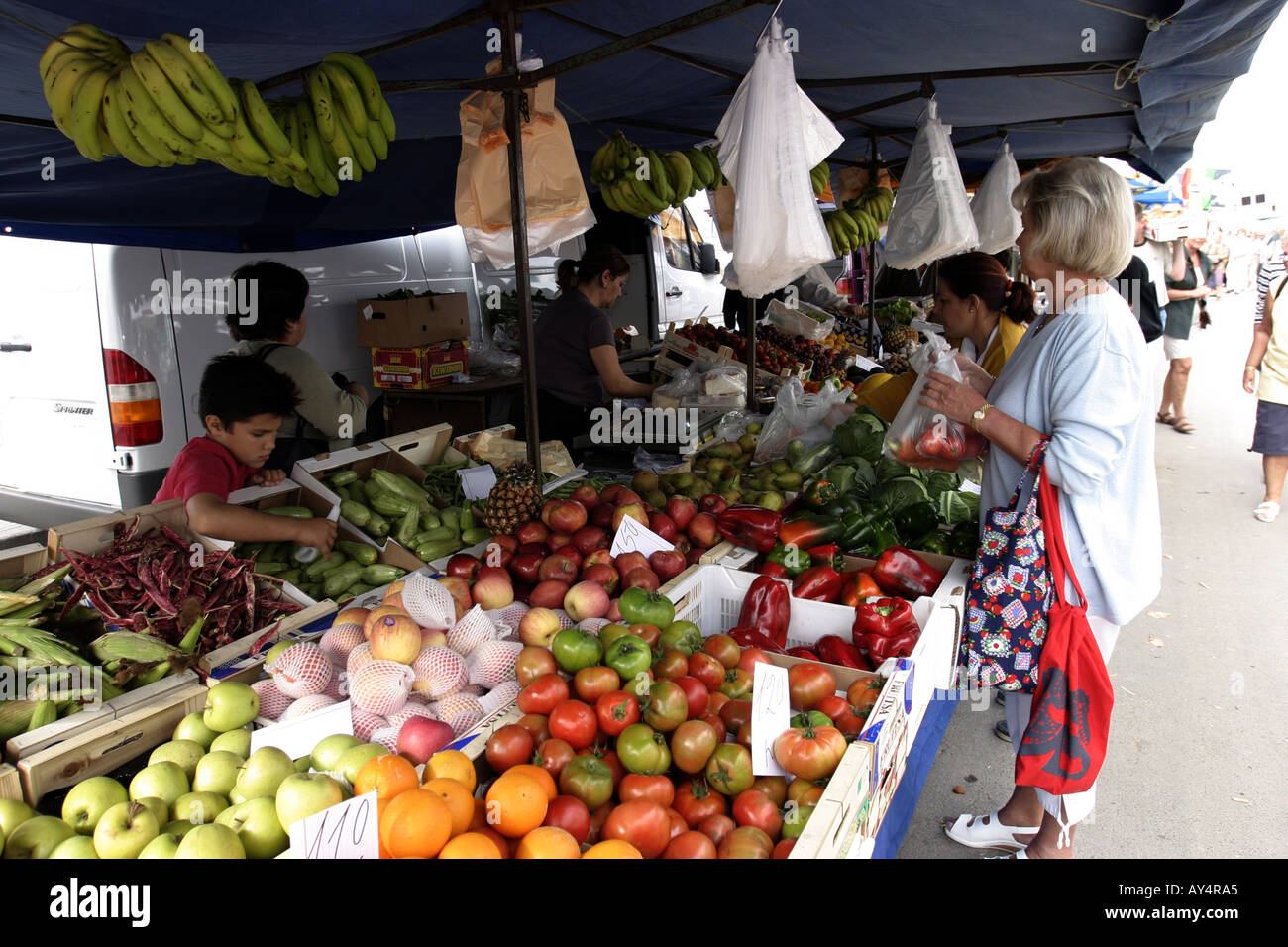 Fruit and vegetables being sold at local market stall Puerto de Mogán ...
