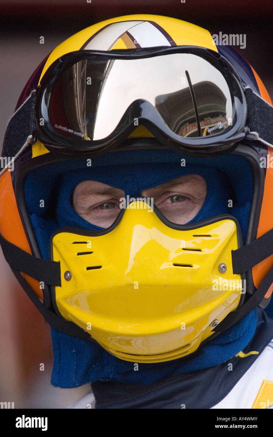 Renault mechanic with helmet and goggles during Formula 1 testing ...