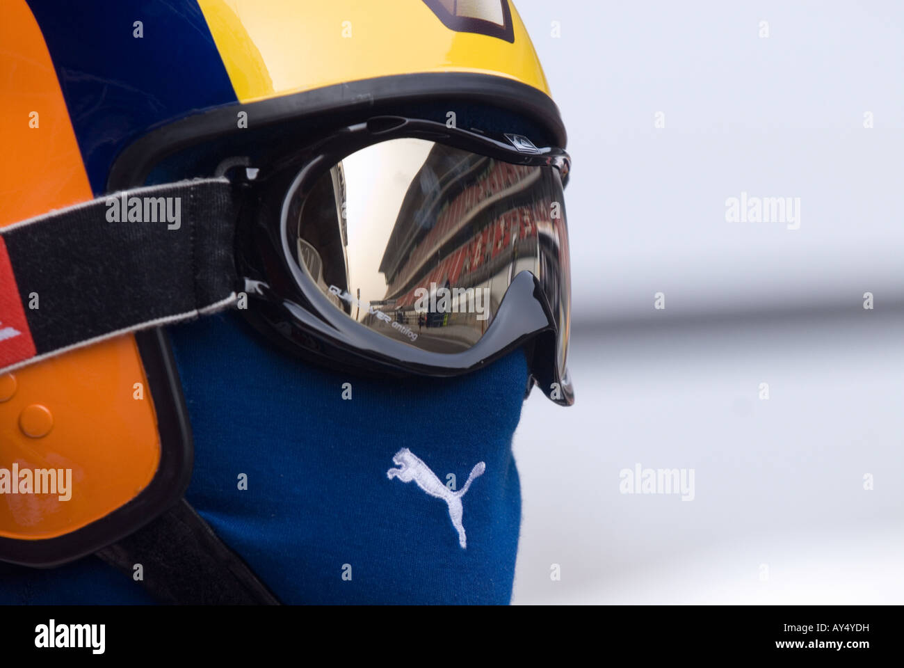 Renault mechanic with helmet and goggles during Formula 1 testing ...