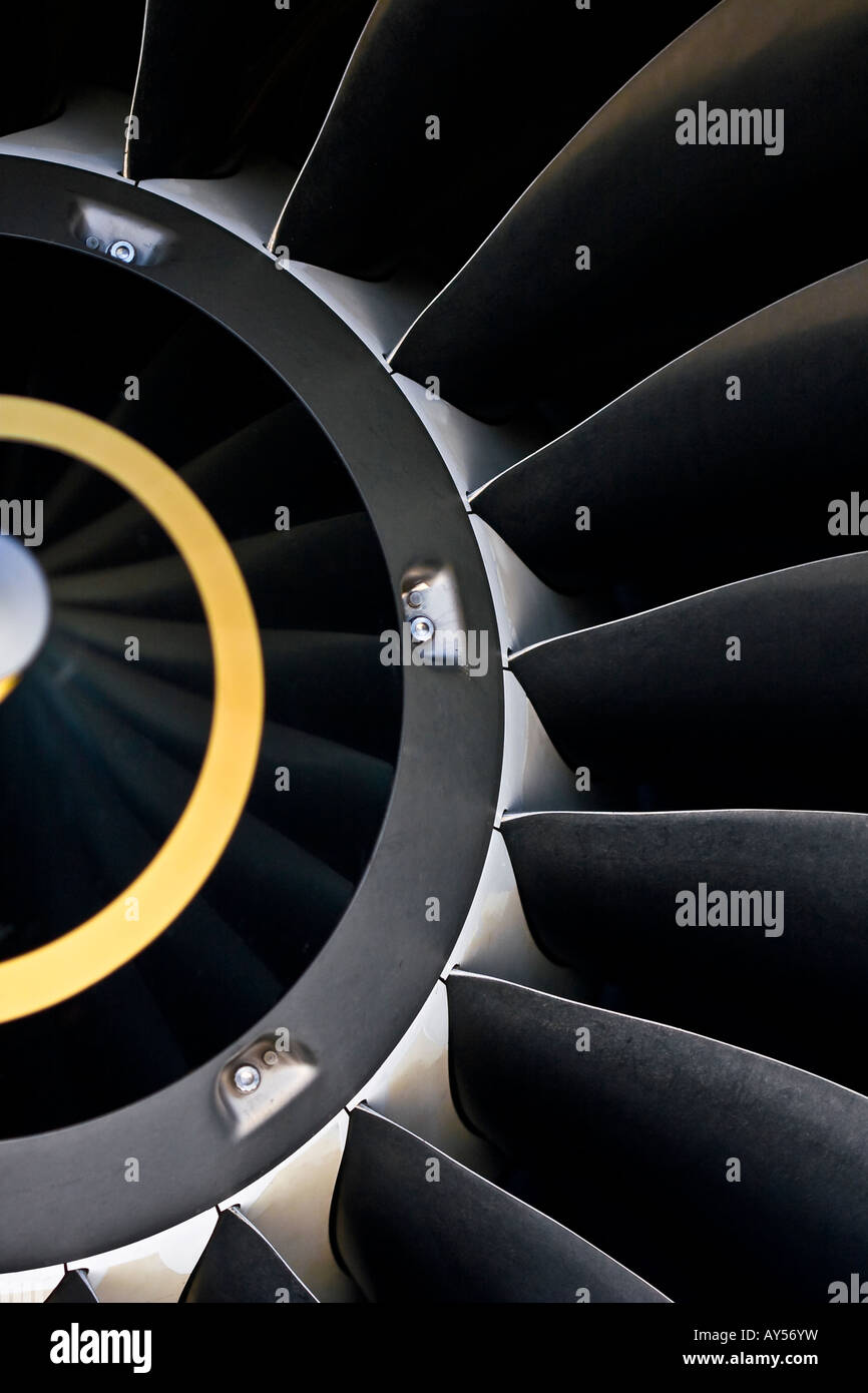 Closeup of the air inlet of an IAE V2500 turbofan engine showing the ...