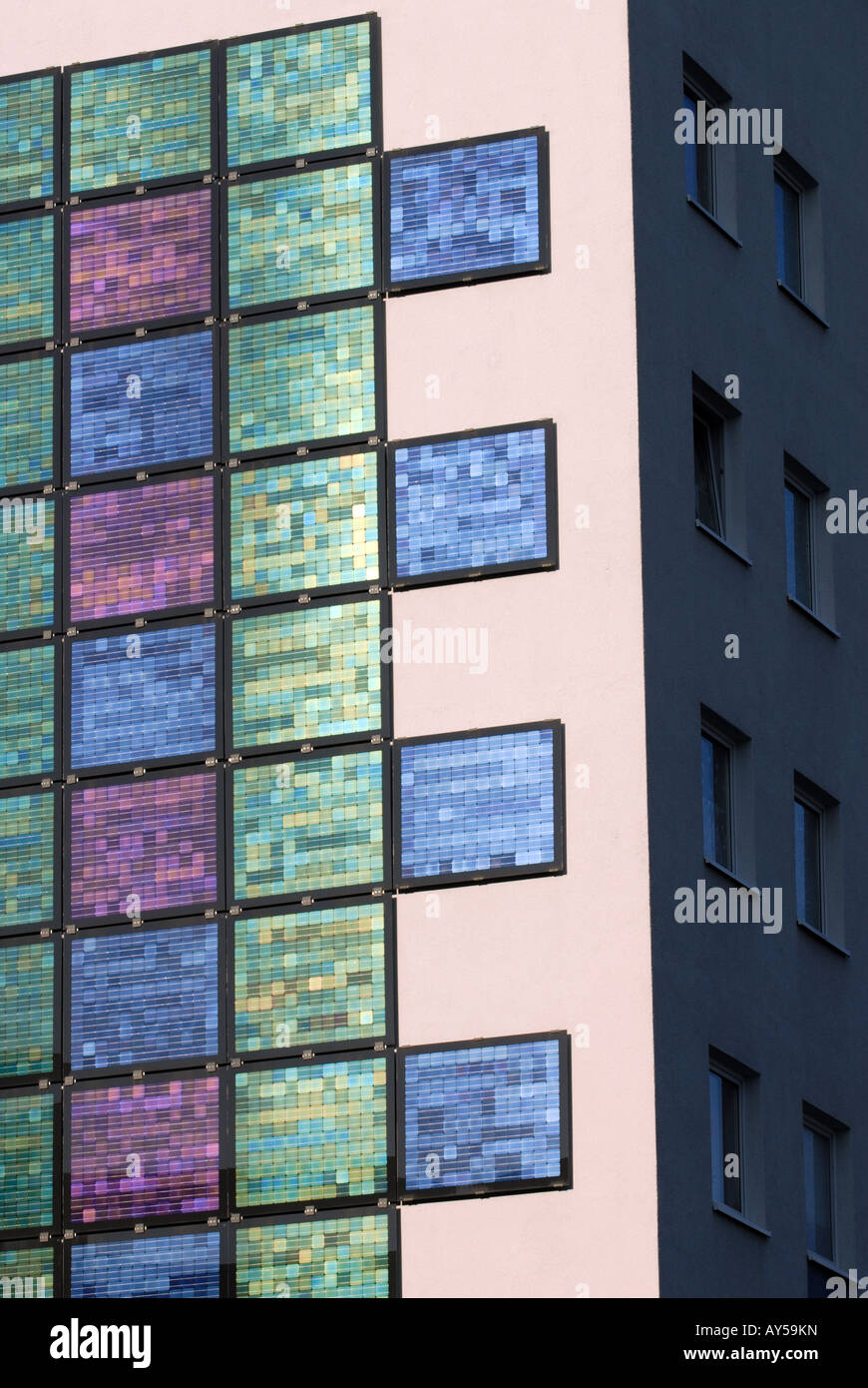 Coloured solar panels fitted to an apartment block, Bocklemund, Cologne ...