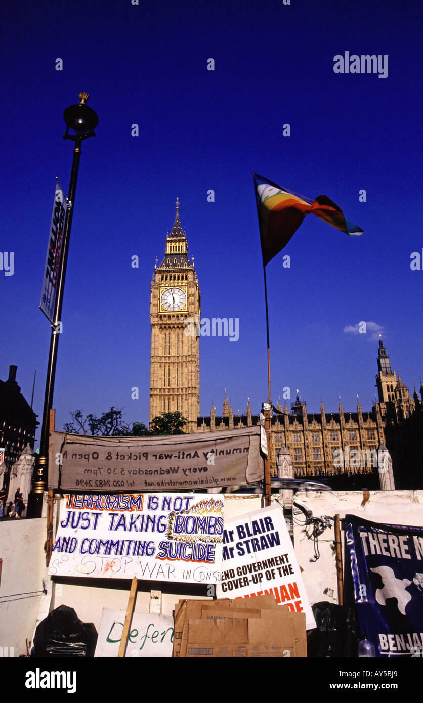Big Ben and the Houses of Parliament and protest posters London UK ...