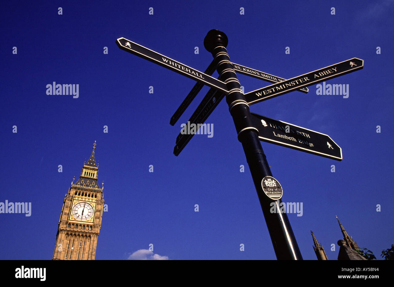 Big Ben clock tower at signpost to tourist destinations in London UK ...