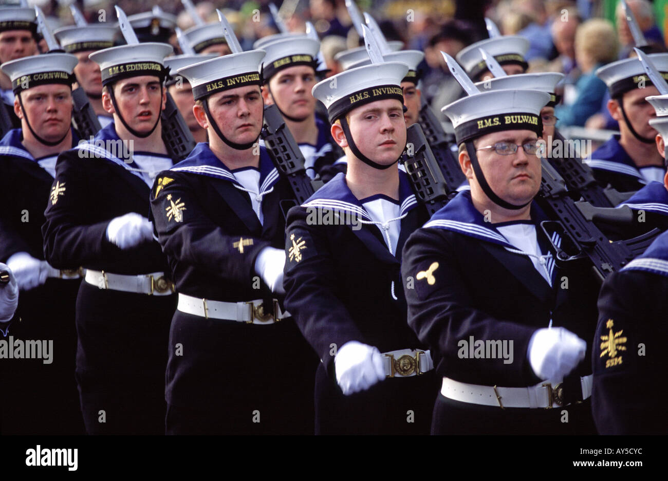 Marching column of sailors in the Lord Mayors Show parade London UK ...