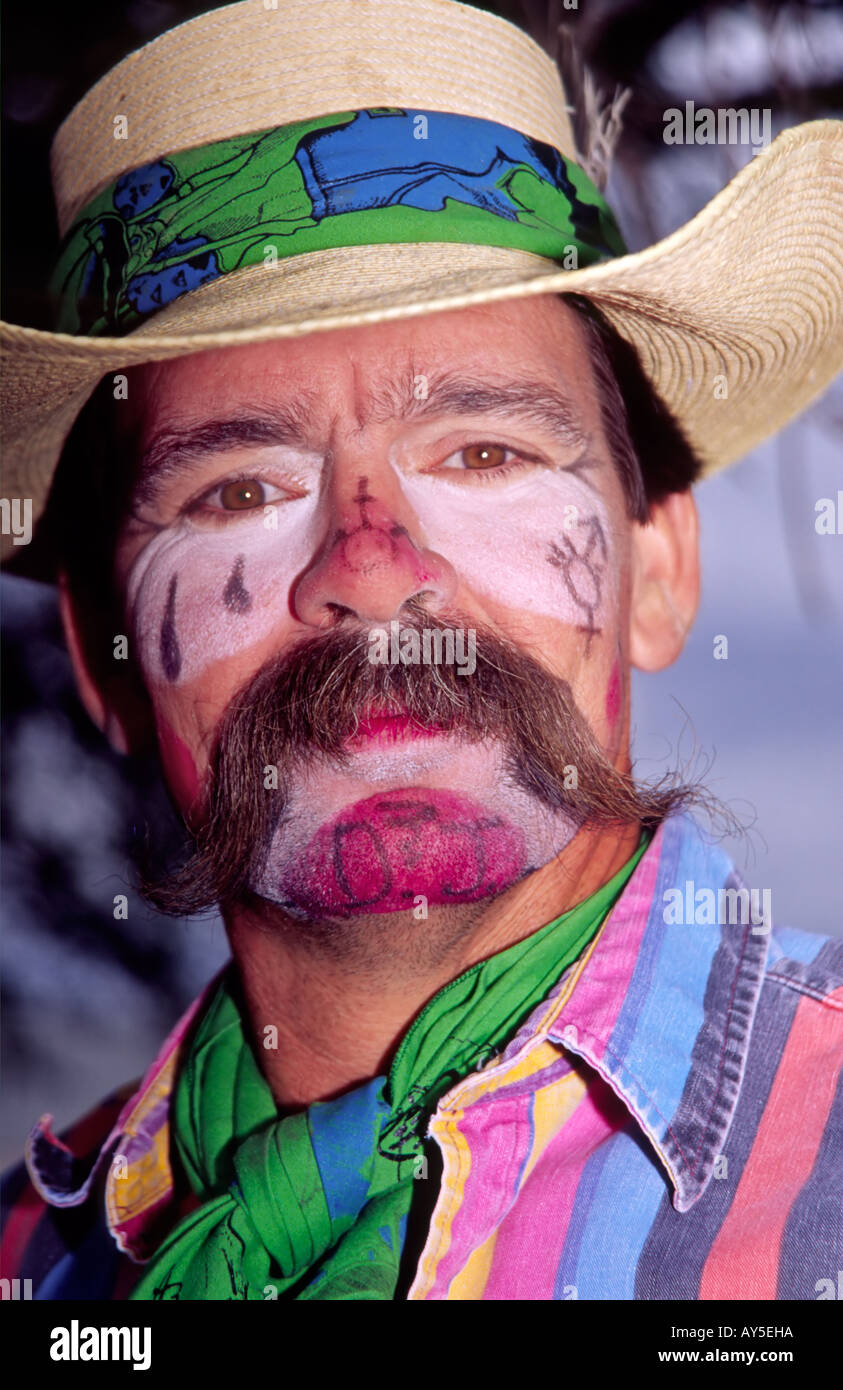 A colorful and mustached cowboy rodeo clown keeps kids safe, at the ...