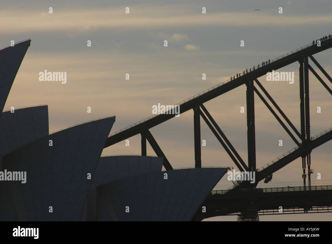 Sydney Opera House and tourists walking over the Sydney Harbour Bridge ...