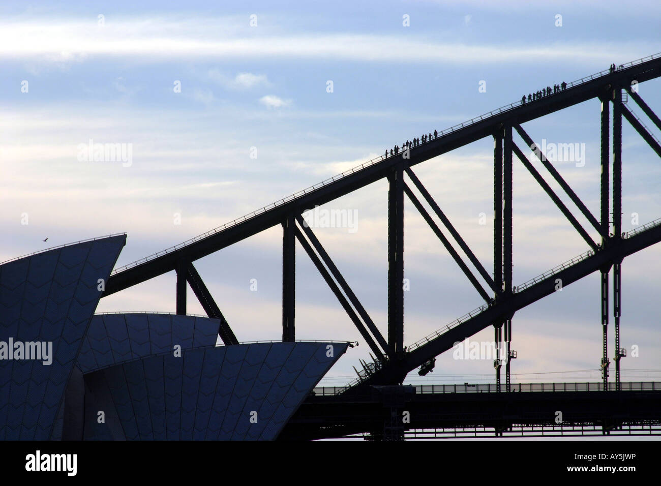 Sydney Opera House and tourists walking over the Sydney Harbour Bridge ...