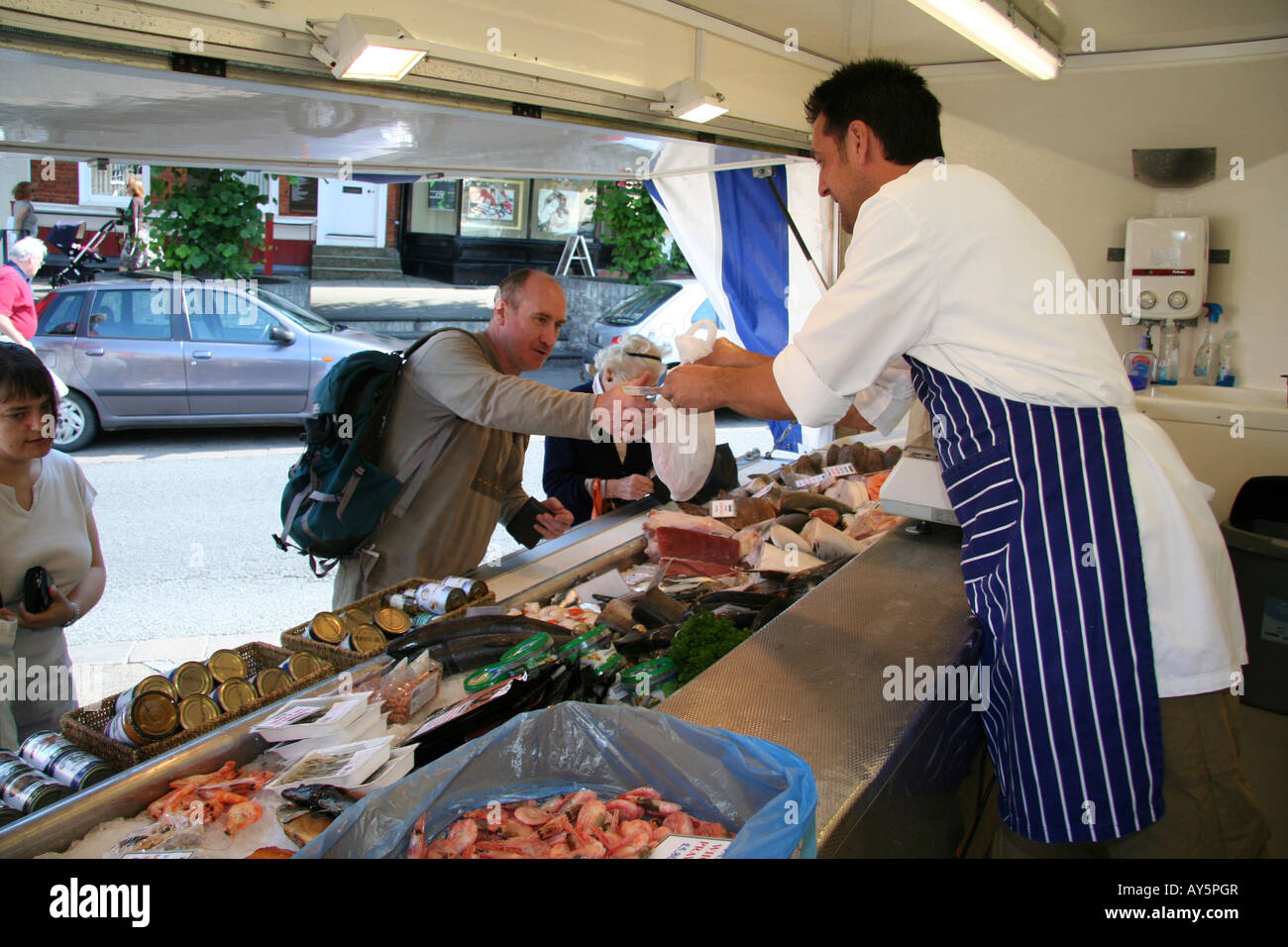 Fishmonger behind his counter on a summer's day Stock Photo - Alamy