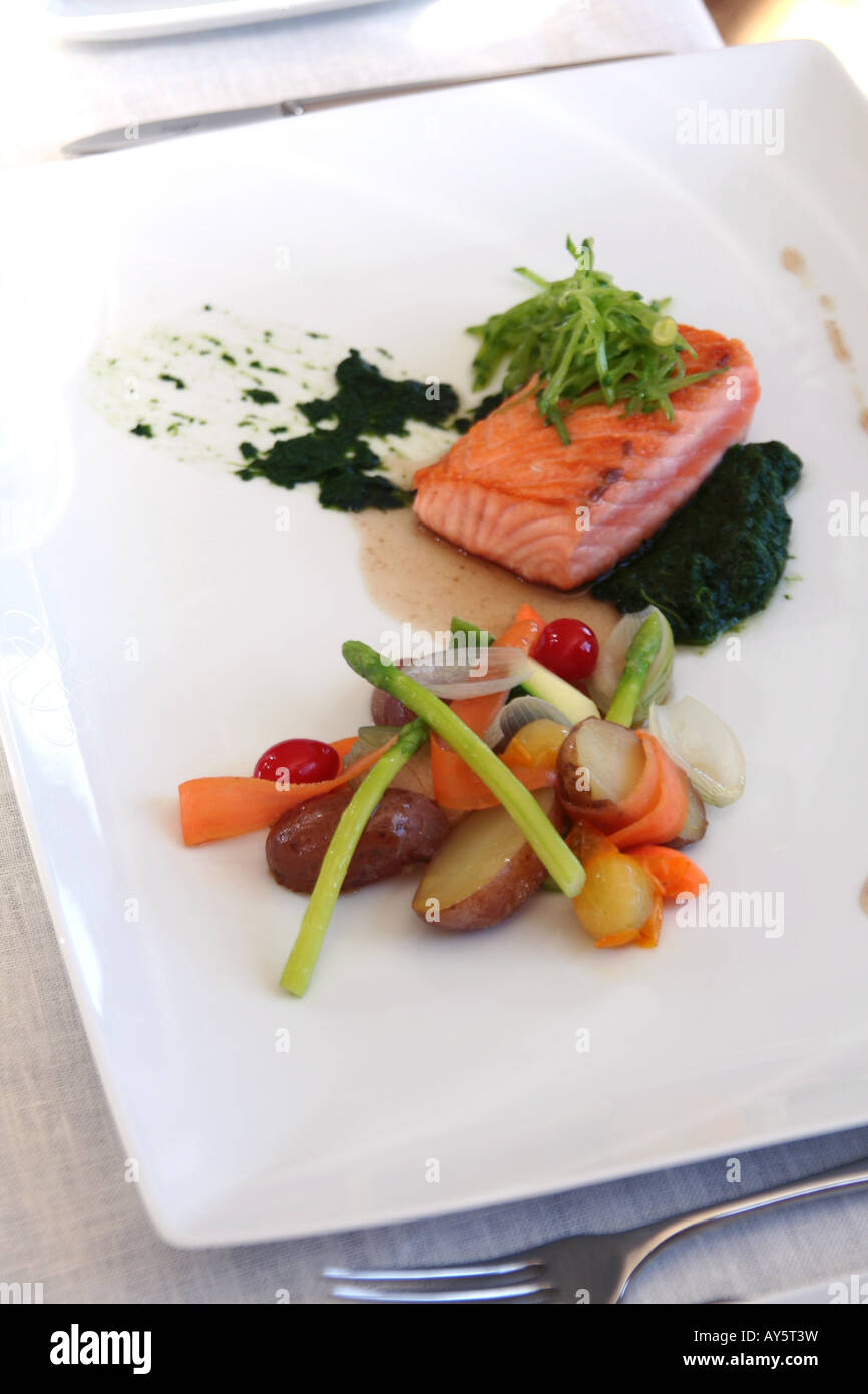 Grilled salmon steak with julienne vegetables Stock Photo - Alamy