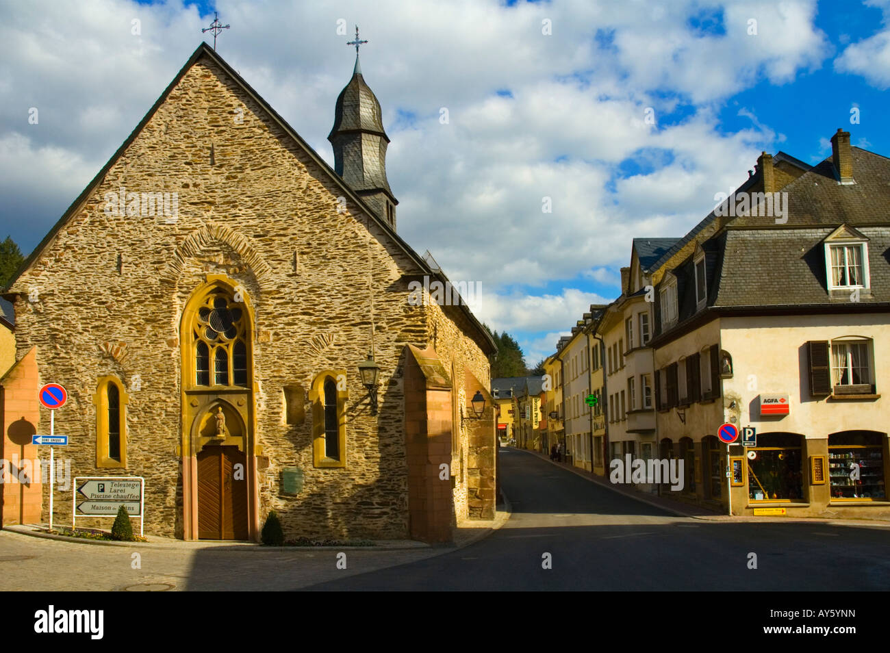Rua Gare street with Eglise Saint Nicolas church in Vianden Luxembourg ...
