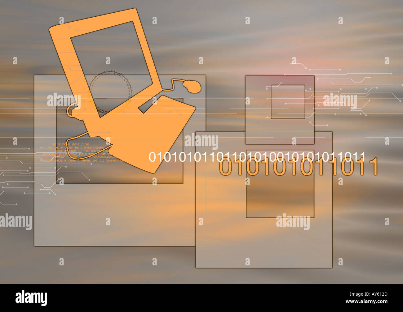 iconic computer screen and keyboard against glowing geometric shape ...
