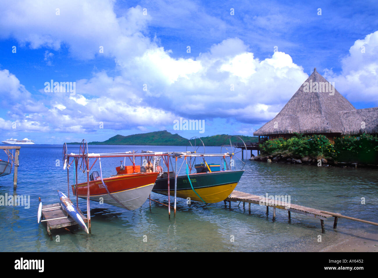 Fishing Boats and Hut French Polynesia Bora Bora Tahiti Stock Photo - Alamy
