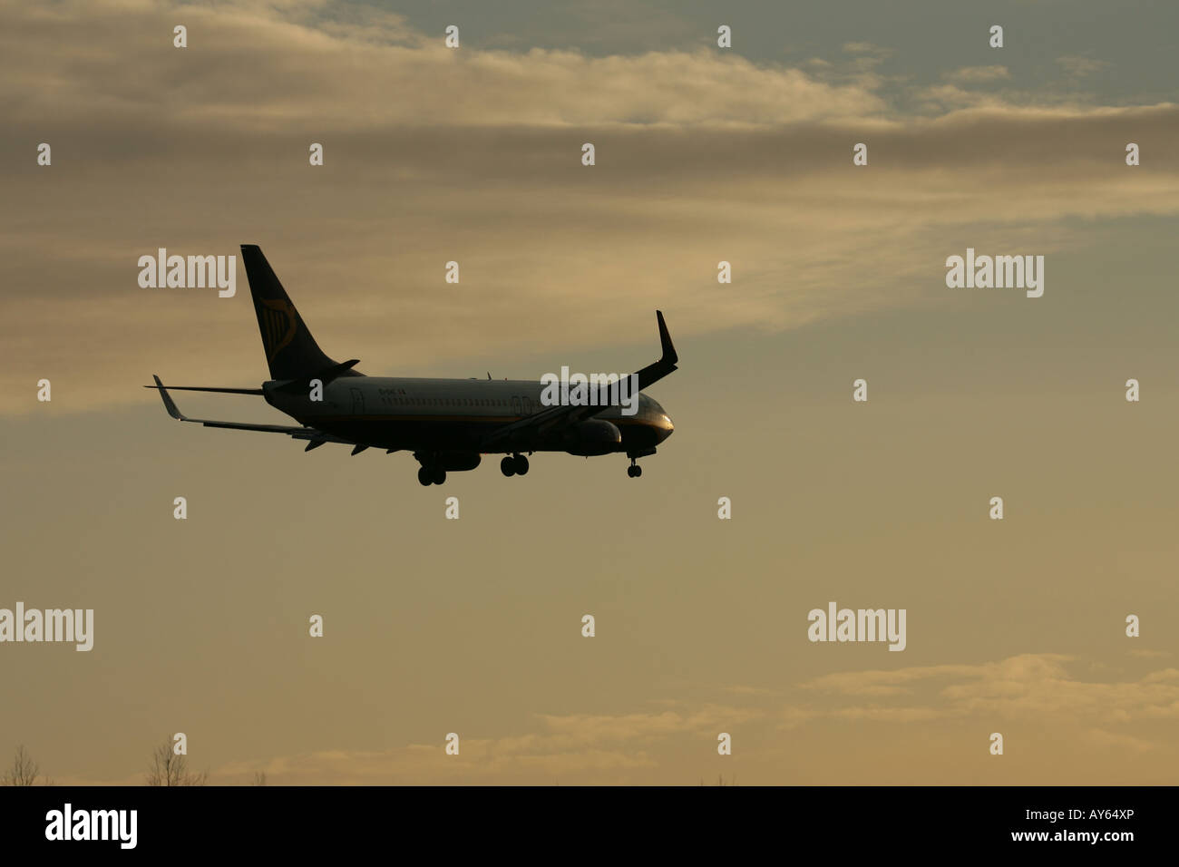 Boeing 737 aircraft landing at Stansted airport at sunset Stock Photo ...