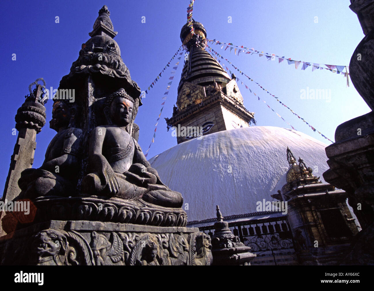 Carved figure of Buddha at the Swayambunath Monkey Temple Stupa in ...