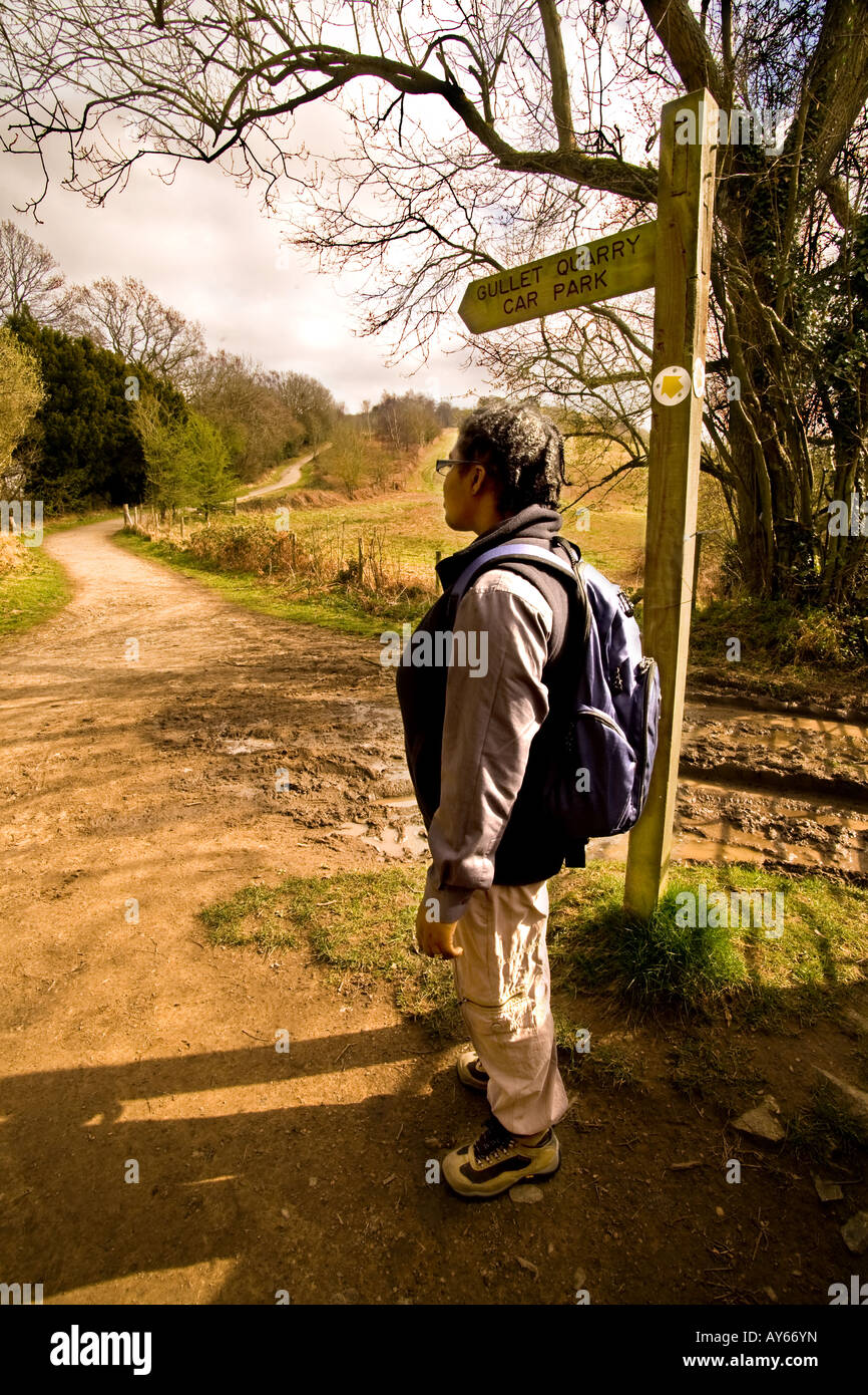 Female rambler at signpost in English countryside Stock Photo - Alamy