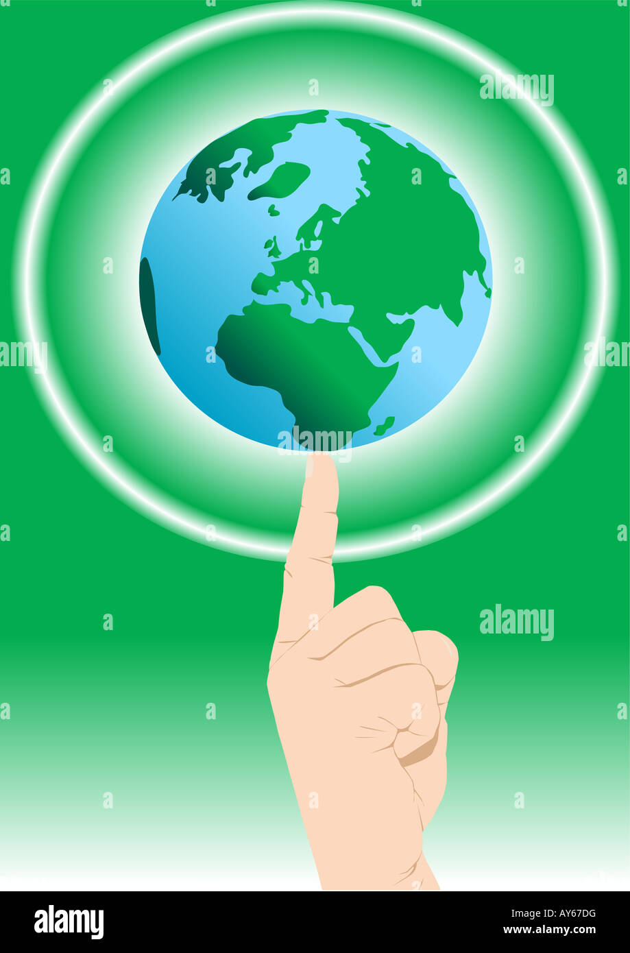 Finger balancing world illustration Stock Photo - Alamy