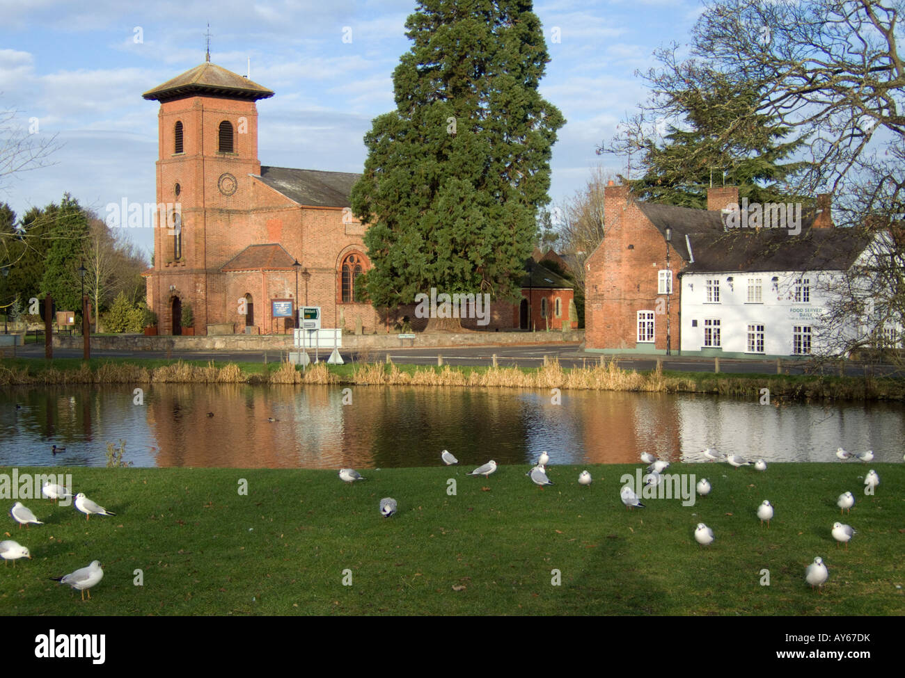 Wittington, Shropshire. The view from the castle across the duckpond to ...